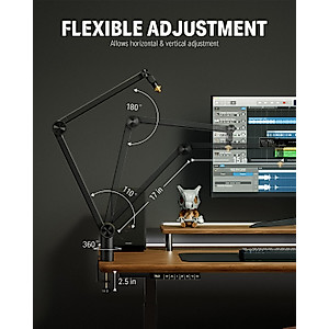 Donner Boom Arm, Adjustable Mic Stand on Desk with 3/8'' to 5/8'' Screw Adapter, Heavy Duty ALU Mic Stand up to 4.2 lbs, Microphone Arm with Cable Management Design for Gaming, Podcast, Recording