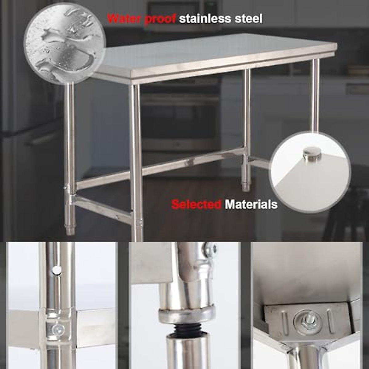 Single Level Stainless Steel Work Table Kitchen Prep Table Commercial Chopping Table Casework Stable Frame Work Table with Adjustable Legs Wide Application(100x40x80cm)