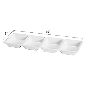 4-Section Food Trays, White Disposable Plastic Dessert Condiment Serving Dishes, Candies, Slice Fruits Platters for Birthday & All Occasions, 24 pcs (16" x 5" Tray, White)