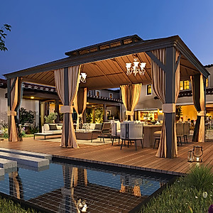 EROMMY 12'x18' Hardtop Gazebo,Galvanized Steel Double Roof Metal Gazebos with Curtain and Netting, Brown Permanent Pavilion Canopy with Aluminum Frame for Patios,Gardens,Lawns