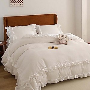 Maylrvjv Duvet Cover Set Soft Breathable Comfortable Solid Color Ruffle Microfiber Bedding Set 3 Pieces with Zipper Closure and Corner Tie,White, Queen