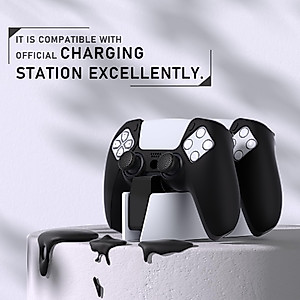PlayVital Pure Series Dockable Model Anti-Slip Silicone Cover Skin for ps5 Controller, Soft Rubber Grip Case for ps5 Wireless Controller Fits with Charging Station with 6 Thumb Grip Caps - Black