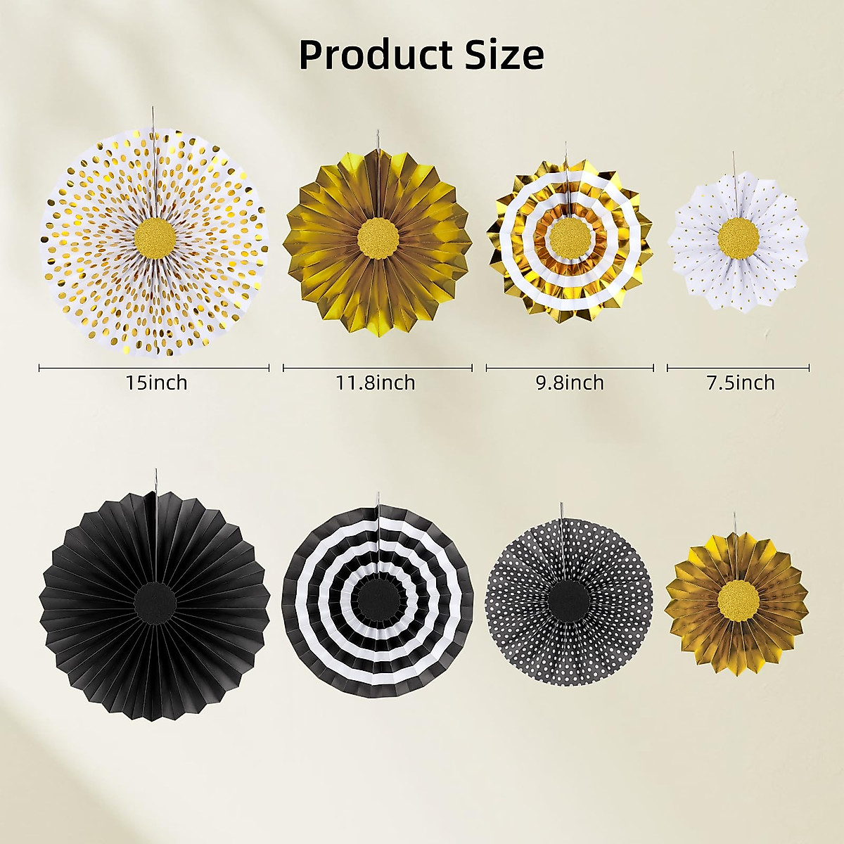 8 PCS Black Gold Party Hanging Paper Fans Decorations,Round Flower Paper Pompoms Fan for Photo Backdrop Halloween Graduation Birthday Wedding Party Decorations