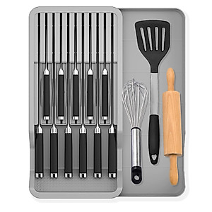 Mulikeer Knife Holder, In Drawer Knife Block Holder with Expandable Cutlery Tray Kitchen Drawer Organizer Insert-Holds 11 Knives for Save Space & Kitchen Safety (Drawer knife holder, Plastic)