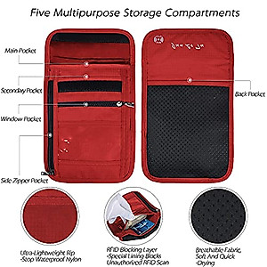 OMYSTYLE Travel Neck Pouch, RFID Passport Holder with Adjustable Neck Strap, Waterproof Neck Wallet for Men & Women to Keep Cash, Credit Cards and Documents Safe, Red