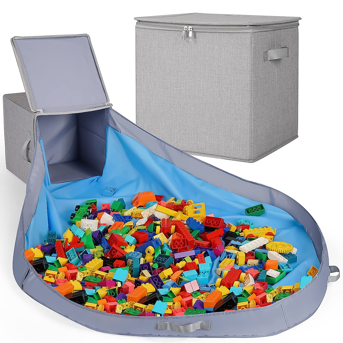 SAM AND MABEL Toy Storage Basket and Play Mat - 13"x13"x13" Stackable and Foldable Cube Toy Organizers and Storage Bins for Boys and Girls (Warm Grayish Beige)