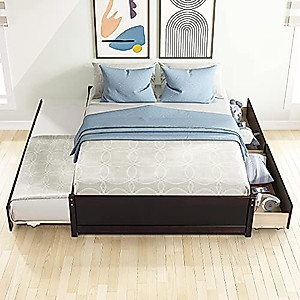 Full Size Bed Frame with Trundle and Storage, Platform Bed with Solid Wood Slat Support, Full Bed Frame with Twin Size Trundle Bed ＆ 2 Storage Drawers, Noise Free, No Box Spring Needed (Espresso)