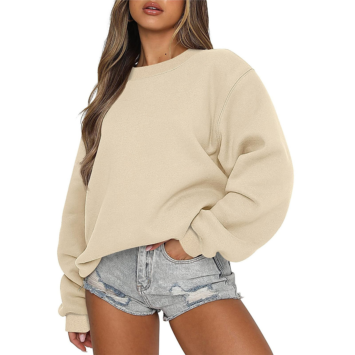 Ceboyel Oversized Sweatshirt For Women Solid Color Crewneck Pullover Tops Long Sleeve Sweaters Fall Fashion Trendy Clothes Womens Long Sleeve T Shirts Dressy Casual Beige L