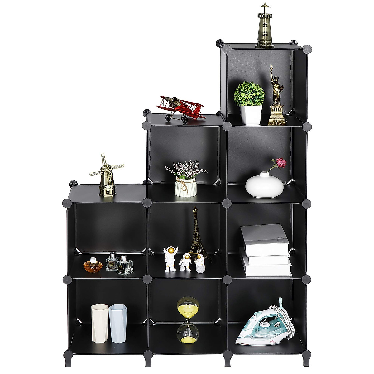 SUPER DEAL 9 Cube Storage Organizer DIY Plastic Stackable Shelves Modular Bookshelf with Wooden Mallet and Feet for Home Bedroom, Living Room, Bathroom, Office, Black