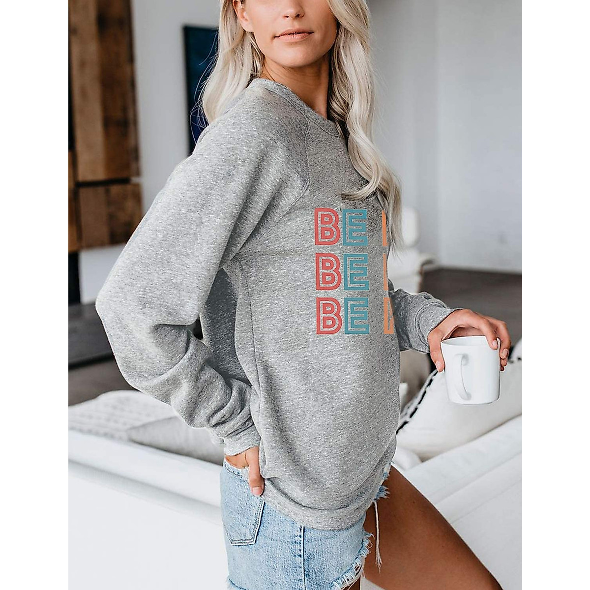 Blooming Jelly Womens Be Kind Sweatshirt Crewneck Loose Fit Cute Long Sleeve Tops Ladies Fall Clothes Winter Teacher Outfits (Medium, Grey)