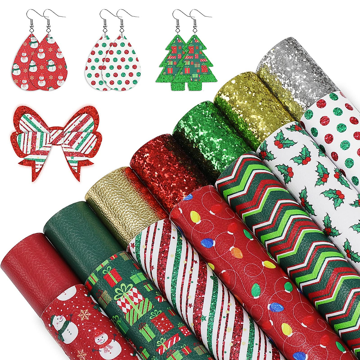 Whaline 14Pcs Christmas Faux Leather Sheet Red Green Gold Silver Synthetic Leather Christmas Theme Pattern Glitter Fabric Crafts for Earring Hair Bow Holiday Craft Gift DIY, 8.3 x 6.3 Inch