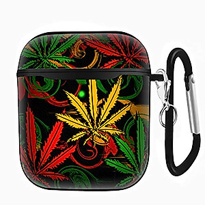 Slim Form Fitted Printing Pattern Cover Case with Carabiner Compatible with Airpods 1 and AirPods 2 / Psychedelic Abstract Marijuana Leaf Pattern