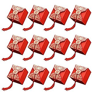 KESYOO 20pcs Wedding Party Favor Boxes Chinese Style Xi Candy Chocolate Gift Boxes with Tassels for Wedding Baby Shower Birthday Party (Red) M