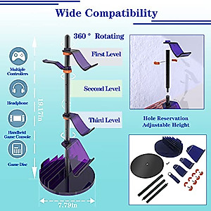 WEGASTU Headphone Stand & Dual Controller Holder for PS5 Xbox Controller Switch PC Headphone Height Adjustable & Stents Rotating Gamers Gaming Accessories Desk Aluminum Support&Thickened ABS (Blue)