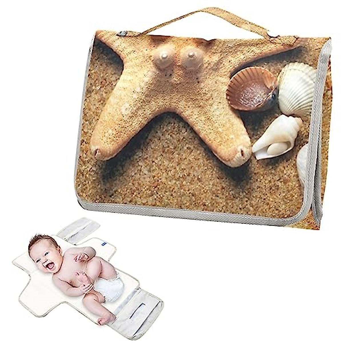 Beach Starfish Seashells Portable Baby Changing Pad Travel Diaper Changing Table Mat Foldable Waterproof Changing Station with Built-in Pillow for Girls Boys Newborn Essentials