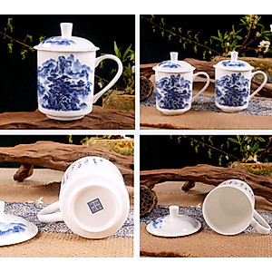 XIYUAN Fine Handmade Ceramics Tea Cup with Lid,(Landscape pattern) Chinese Jingdezhen Blue and White Porcelain Tea Cup Infuser for: Home Party, Office, Reception Room