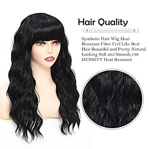 X-TRESS 22 Inches Synthetic Black Wavy Wigs with Bangs Synthetic Natural Curly Bang Black Wigs for Women Synthetic Hair Heat Resistant Fiber Hair Wigs for Daily Party Black Wig（1B）