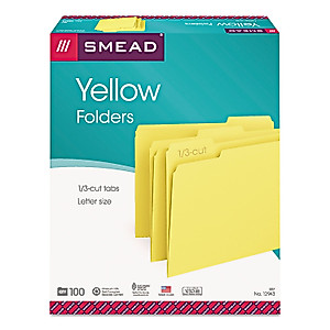 Smead 12943 File Folders 1/3 Cut Top Tab Letter Yellow 100/Box