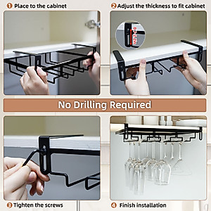 Wine Glass Rack Under Cabinet, BUDO 3 Rows Nail Free Wine Glass Holder Under Shelf, Adjustable Stemware Storage Drying Hanger Organizer for Kitchen Cabinet Bar (Black)