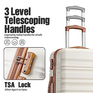 LONG VACATION Luggage Set 4 Piece Luggage Set ABS hardshell TSA Lock Spinner Wheels Luggage Carry on Suitcase (WHITE-BROWN, 6 piece set)