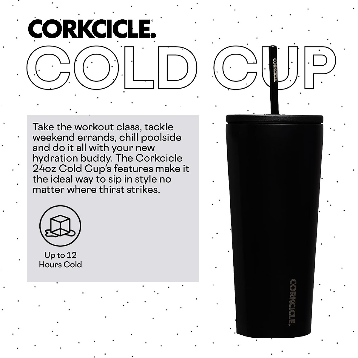 Corkcicle Cold Cup Insulated Tumbler with Lid and Straw, Matte Black, 24 oz – Reusable Water Bottle Keeps Beverages Cold for 12hrs, Hot 5hrs – Cupholder Friendly Tumbler, Lid for Flexible Sipping