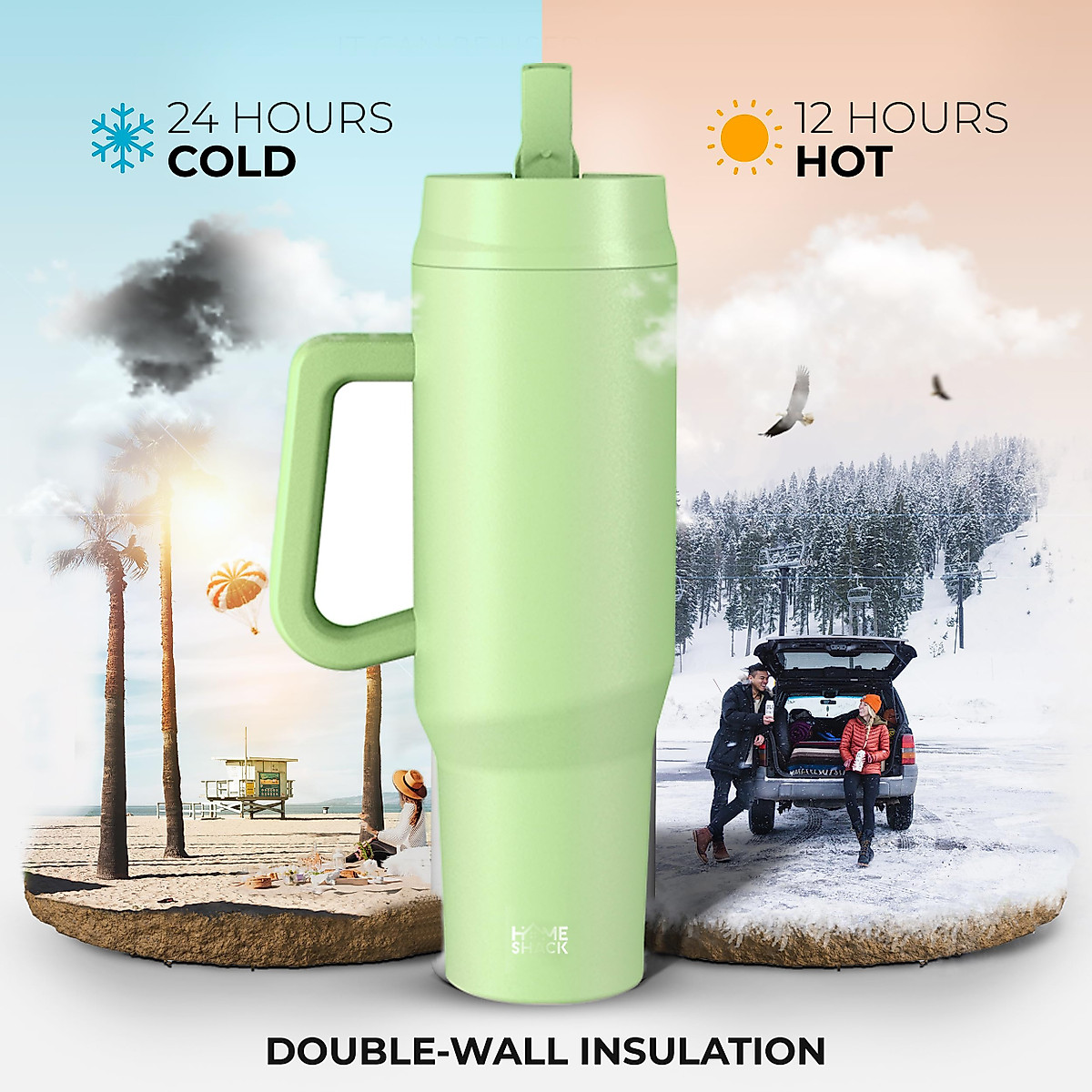 HOMESHACK 40 oz Tumbler with Handle and Foldable Straw Lid - Leakproof Insulated Stainless Steel Water Bottle - Hot & Cold Beverage Travel Mug - Reusable Iced Coffee Cup - Cupholder Friendly - Gift