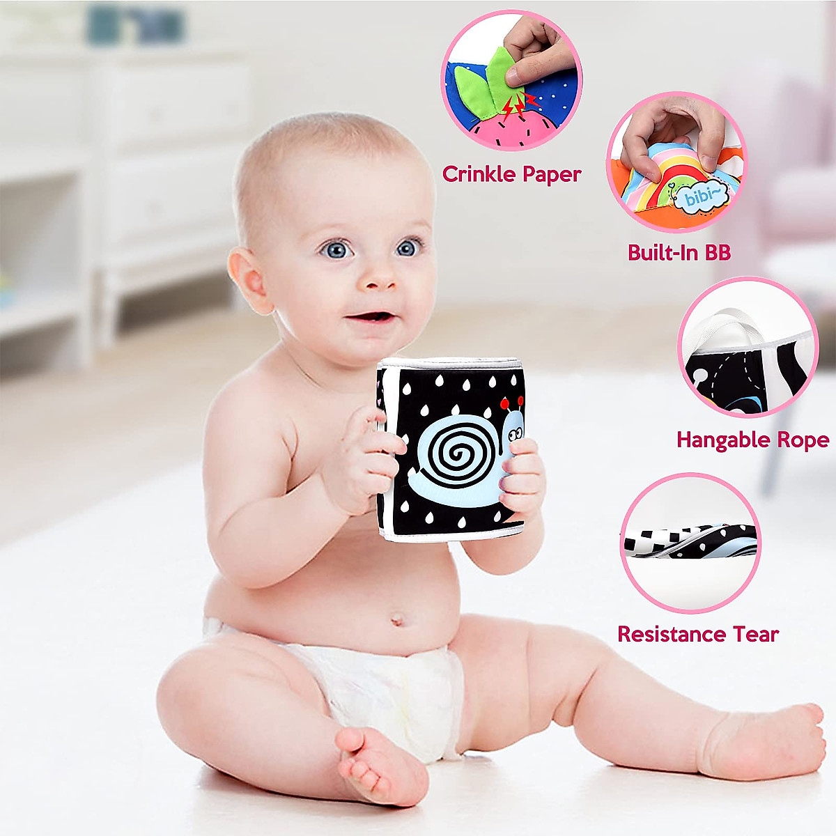 GFPGYQ Black and White High Contrast Baby Soft Books, Newborn Tummy Time Crib Toys for 0 3 6 to 12 Months, Stimulation Brain Development Color Crinkle Cloth Book