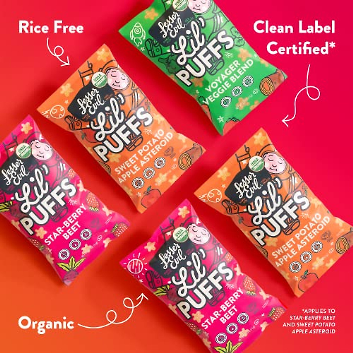 LesserEvil Lil' Puffs Variety Pack, Contains 2 Sweet Potato Apple, 2 Strawberry Beet, and 1 Veggie Blend, Organic Snacks for Kids, Rice-Free, 0g Sugar Per Serving, 2.5 Oz, (Pack of 5)