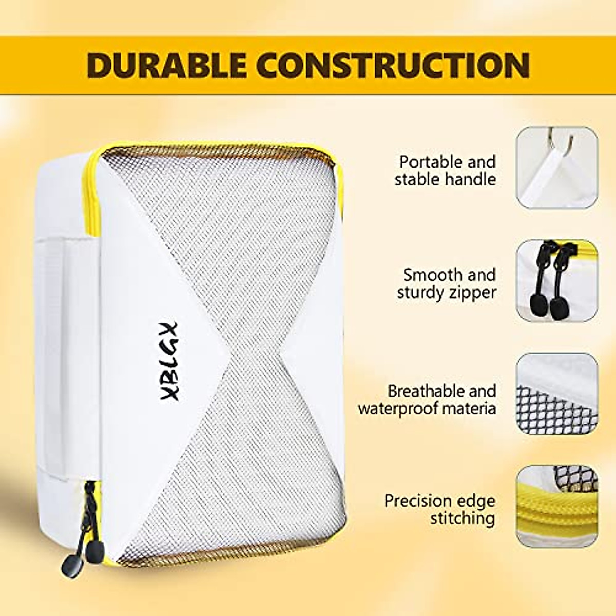 XBLGX Packing Cubes for Suitcases 5-Pcs Travel Luggage Packing Organizers Set with Laundry Bag & Shoe Bag（White/Yellow）