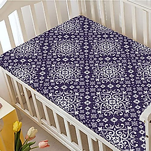 Royal Blue Themed Fitted Mini Crib Sheets,Portable Mini Crib Sheets Ultra Soft Material-Great for Boy or Girl Room or Nursery,24“ x38“,Indigo White