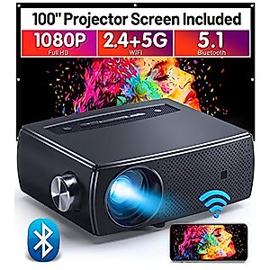 Projector, CLOKOWE 10000L 1080P HD 5G WiFi Bluetooth Projector, Portable Movie Projector with Screen, Home Theater Video Projector Compatible with Android/iOS/TV Stick/PS4, Support 4K&300”