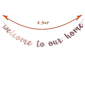 Starsgarden Glitter Rose Gold Welcome to Our Home Banner for Housewarming Patriotic Military Decoration Family Party Supplies Cursive Bunting Photo Booth Props Sign