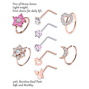 Goerhsjie 20g Nose Rings Hoops Studs Piercings Jewelry for Women Men Surgical Stainless Steel Rose Gold l Shaped Shape Bar Stuf 20 Gauge Hypoallergenic Butterfly Nostril Aretes para La Nariz