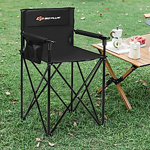 Goplus Folding Camping Chair, Outdoor Portable Beach Chair Heightened Design w/Detachable Armrests, Storage Pouches & Carrying Bag for Fishing, Picnic, Lawn (Black, 250LBS Weight Capacity)