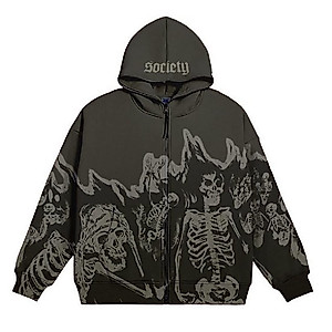 COOLMONAR Women Y2K Zip Up Hoodie Skull Skeleton Grunge Hooded Gothic Alt Retro Harajuku Vintage Cardigan Sweatshirt with Pocket Skeleton-dark Grey
