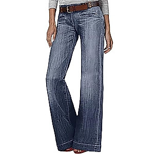 Flamingals Wide Leg Jeans for Women Stretch Low Waist Baggy Jeans Boot Cut Jeans Flare Leg Denim Pants Without Belt Navy Blue M