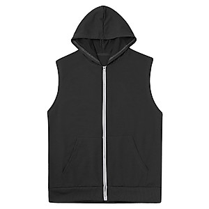 TiaoBug Men's Sleeveless Workout Hoodies Tank Tops Zip-up Hooded Vest Jacket with Kangaroo Pocket Muscle Tees Shirt Black Medium