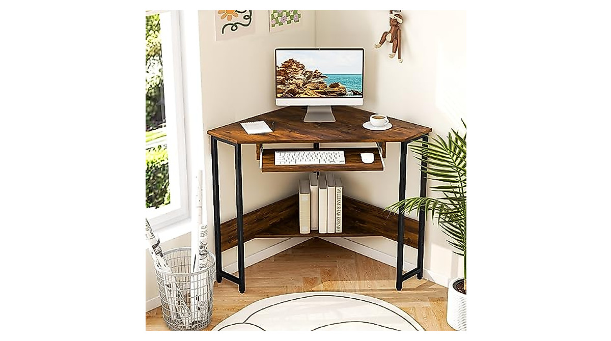 Tangkula Corner Desk with Keyboard Tray - Space-Saving Home Office Desk