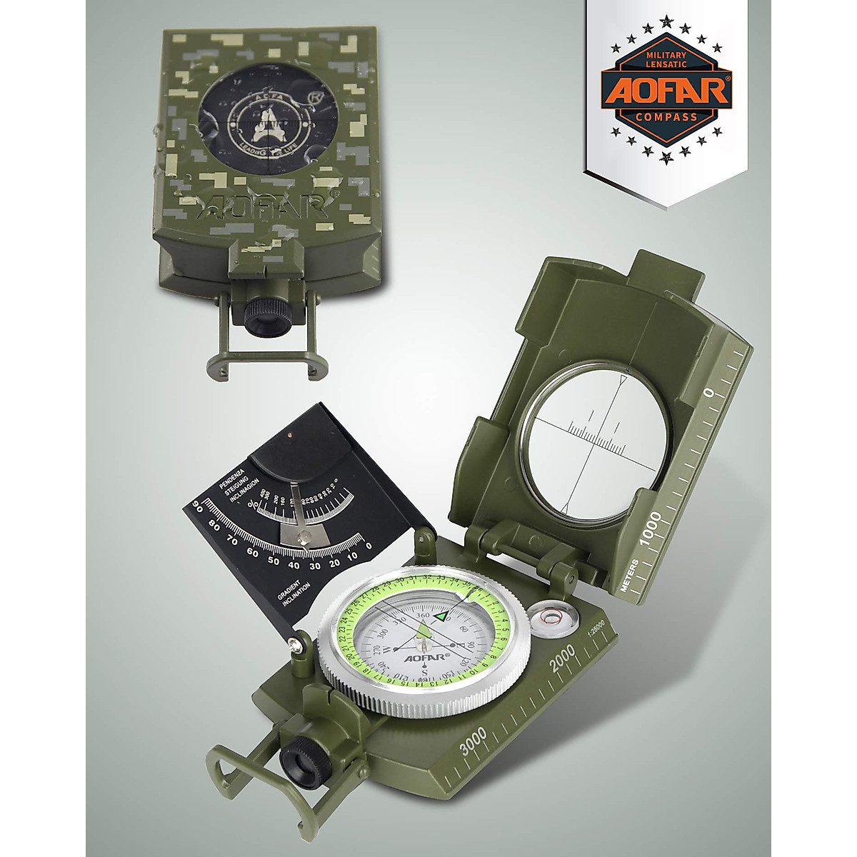 AOFAR Military Compass AF-4074 Camo for Hiking,Lensatic Sighting Waterproof,Durable,Inclinometer for Camping,Boy Scount,Geology Activities Boating