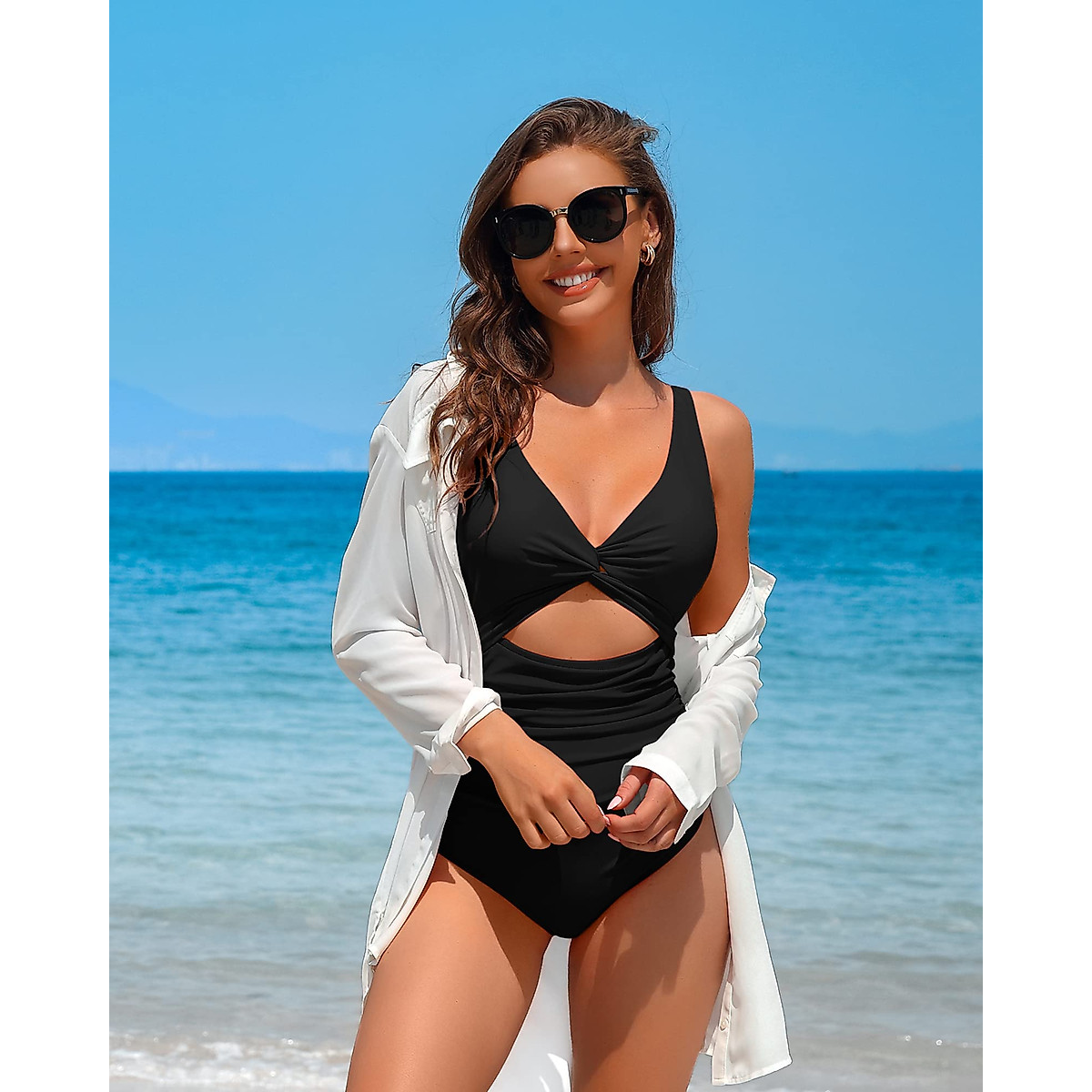 Charmo Womens One Piece Swimsuit Ruched Tummy Control High Cut Backless V Neck Bathing Suits Swimwear Black Large