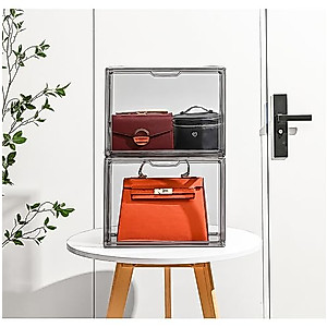 WMM Purse Storage Organizer for Closet, 3 Packs Plastic Acrylic Clear Handbag Purse Shoes Book Figure Toy Display Case, Storage Bins for Cosmetic, Stackable Magnetic Drop Front Storage Organizer