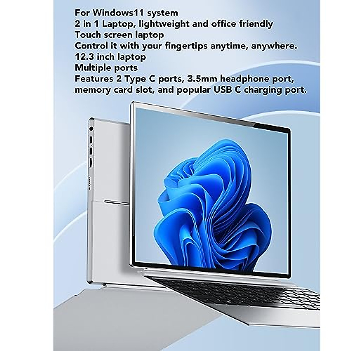 Acogedor 2 in 1 Laptop, 12.3 inch IPS Touch Screen Laptop, with Magnetic Keyboard, Dual Band 2.4GHz 5GHz WiFi, Support Microphone, Speaker, Bluetooth, Camera (16+1TB US Plug)