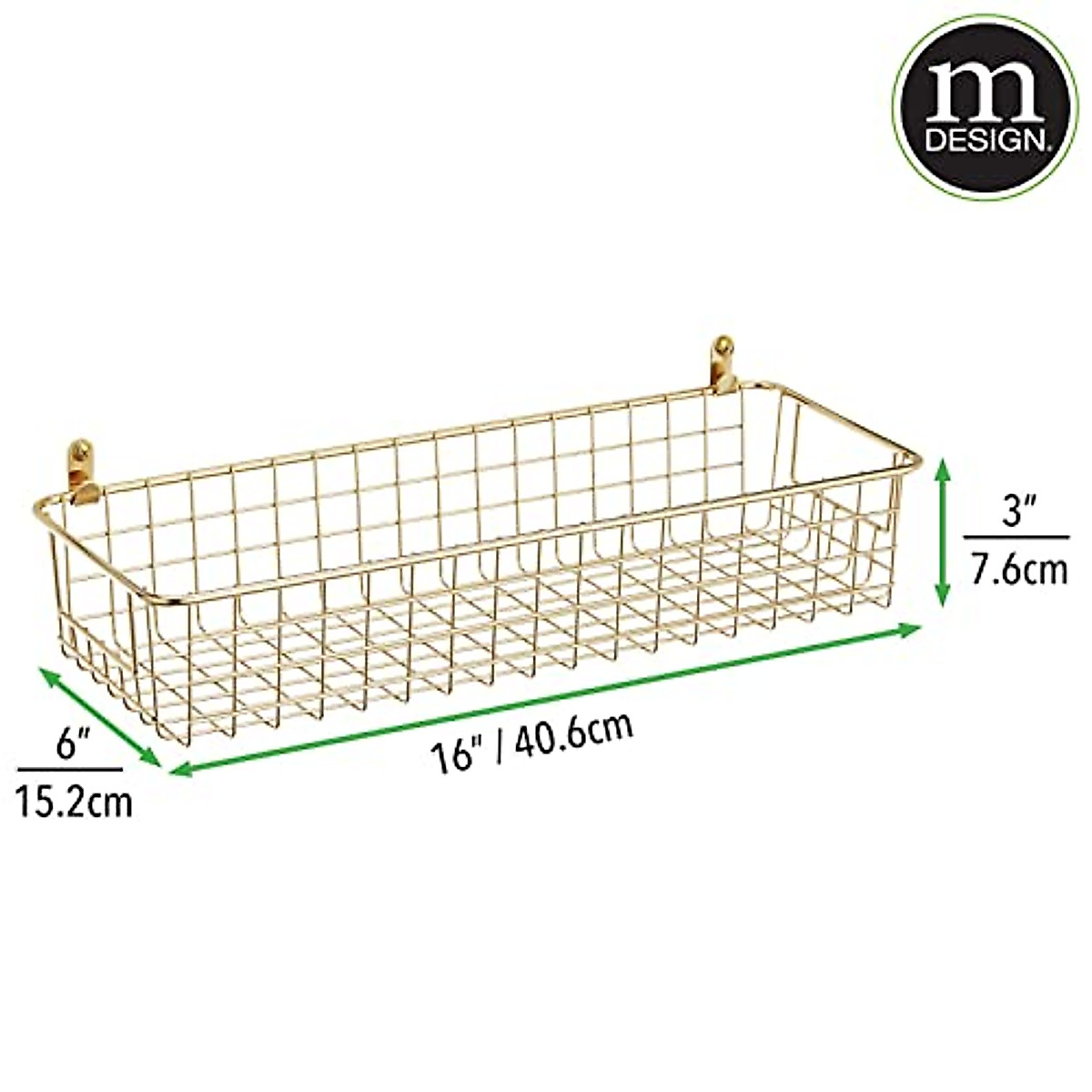 mDesign Wallmount Metal Storage Basket Tray with Handles - Decorative Organizer for Hanging in Entryway, Mudroom, Bedroom, Bathroom, Laundry Room - Small - Hooks Included - Soft Brass