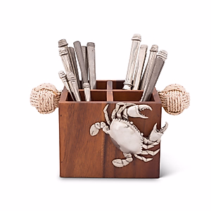 Vagabond House Caddy Square Acacia Wood Flatware / Serve ware / Utensil / Carry-All Holder with Solid Pewter Crab Accent and Real Rope Handles, 4 Compartments 11 inch x 8 inch