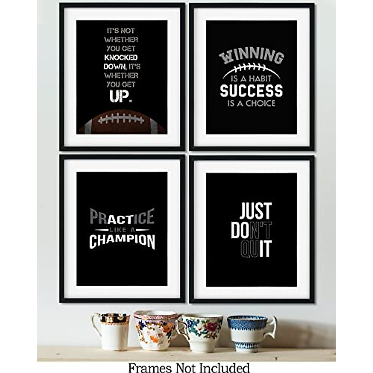 Govivo Inspirational Football Quote Wall Art - Set of 4 Motivational Football Prints - Football Room Decor - Football Wall Art for Boys Bedroom, Locker Room, or Coach Gift - 8x10 unframed prints