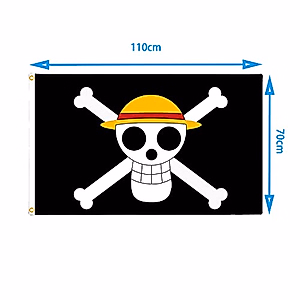 27.5 X 43.3 Inches Luffy's Straw Hat Pirate Flag ,70cm X 110cm OP Anime Jolly Roger Pirate with Straw Hat Flag