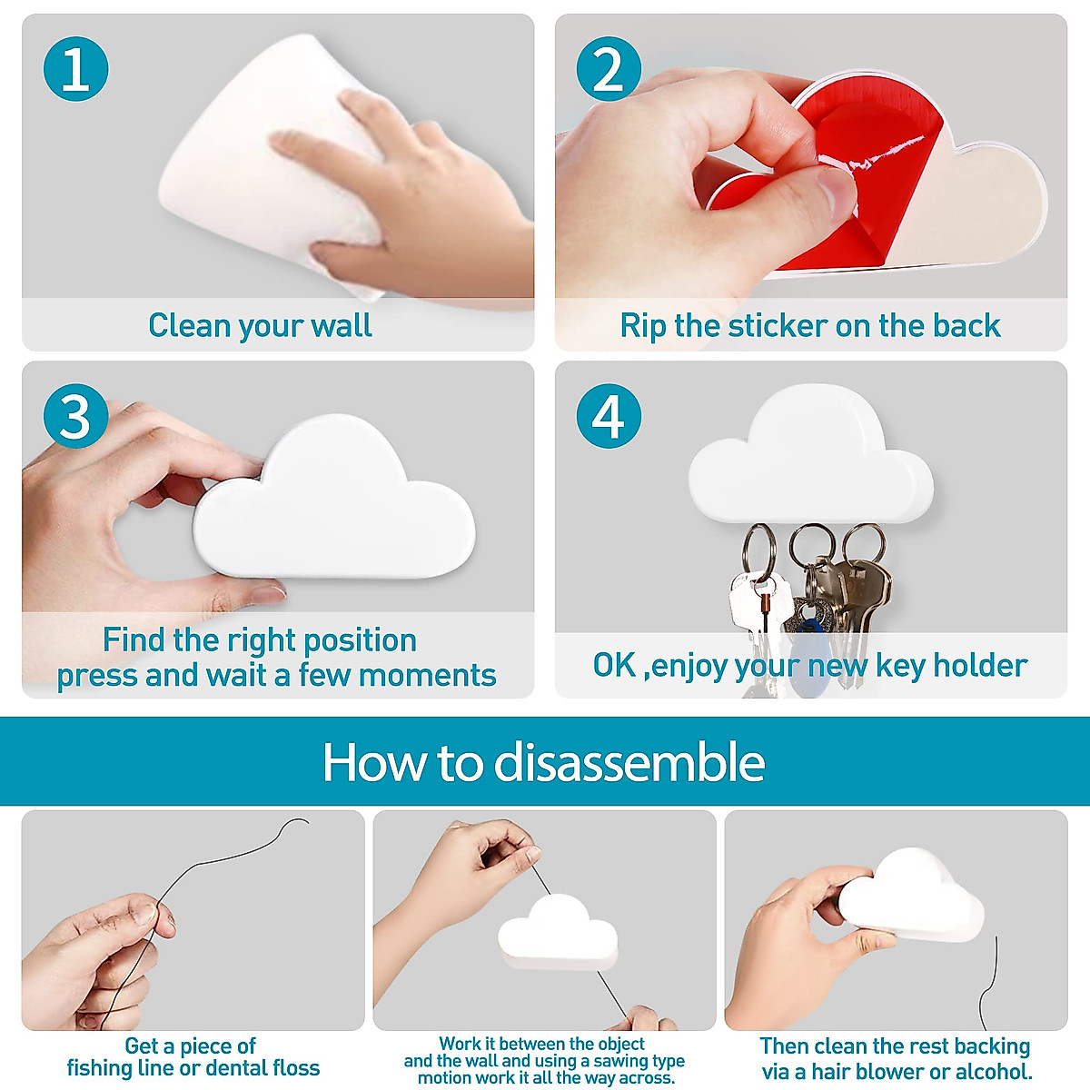 TWONE White Cloud Magnetic Wall Key Holder Plus, Mail Organizer Wall Mount with 3 Magnets Hooks for Entryway and Home