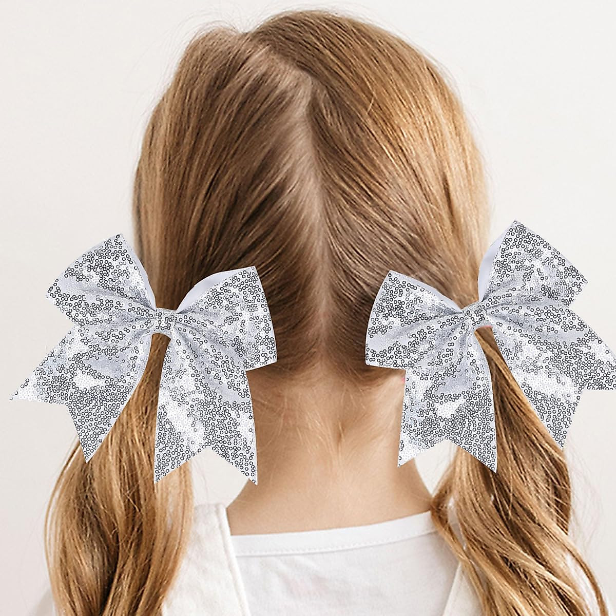 2 PCS 7" Large Glitter Cheer Bows Sequin Cheer Hair Bow Ties with Elastic Shiny Hair Bows Ponytail Holder Handmade for Cheerleader Girls Softball Sports Hair Accessories for Teens Kids(Silver)
