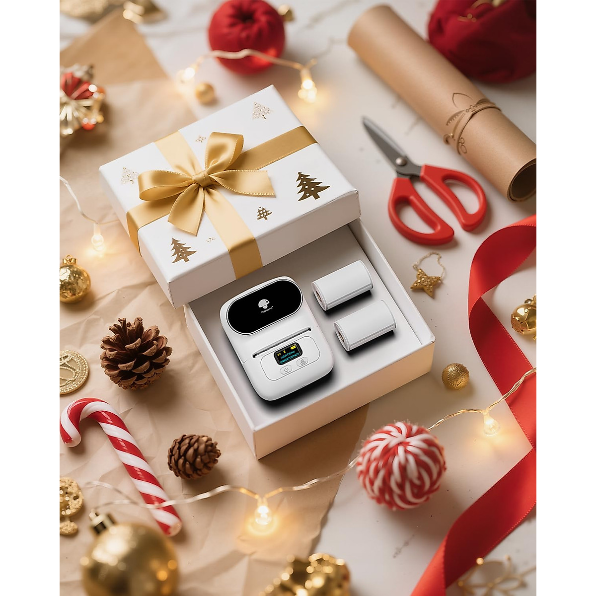 Phomemo M110 Label Printer - Bluetooth Portable Label Maker No Ink, Mini Barcode Label Printer for Retail, Address, Barcode, Home, for PC/Mac, iOS/Android with 3pack Most Used Labels, Snow White