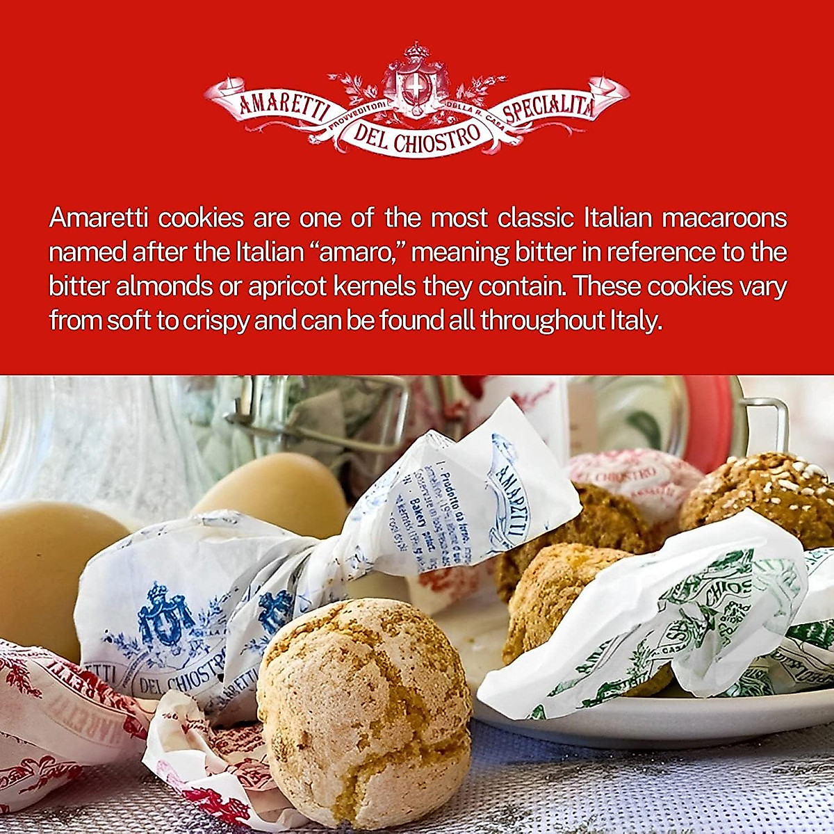 Amaretti del Chiostro Soft Cookies from Italy - Almond Sugar Cookies Individually Wrapped for Freshness - Traditional Italian Delicacies Gourmet Cookies & Gluten Free Snacks (Green Tower Tin, 6.35 oz)